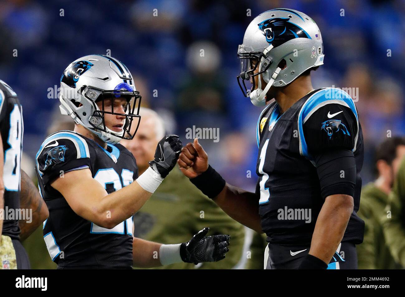 Carolina Panthers running back Christian McCaffrey (22) and quarterback ...