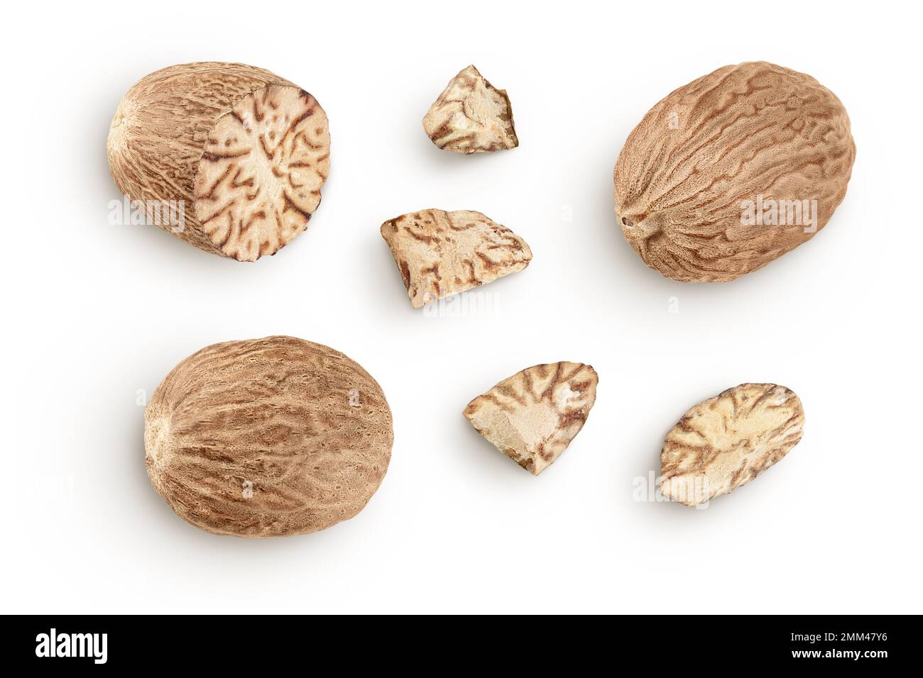 nutmeg isolated on white background with full depth of field. Top view ...