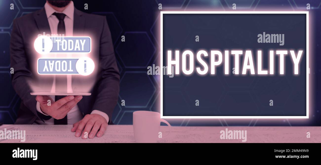 Writing displaying text Hospitality. Concept meaning the friendly and ...