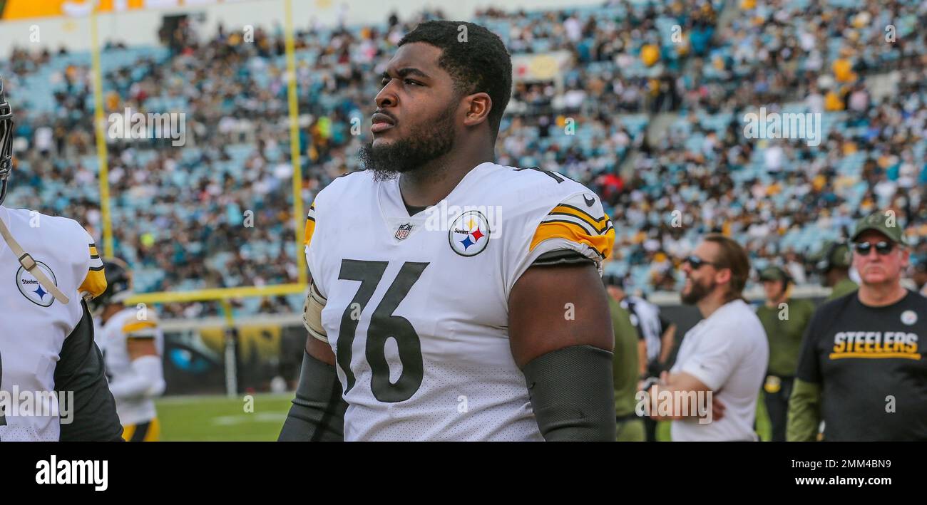 Pittsburgh Steelers offensive tackle Chuks Okorafor (76) at halftime of ...