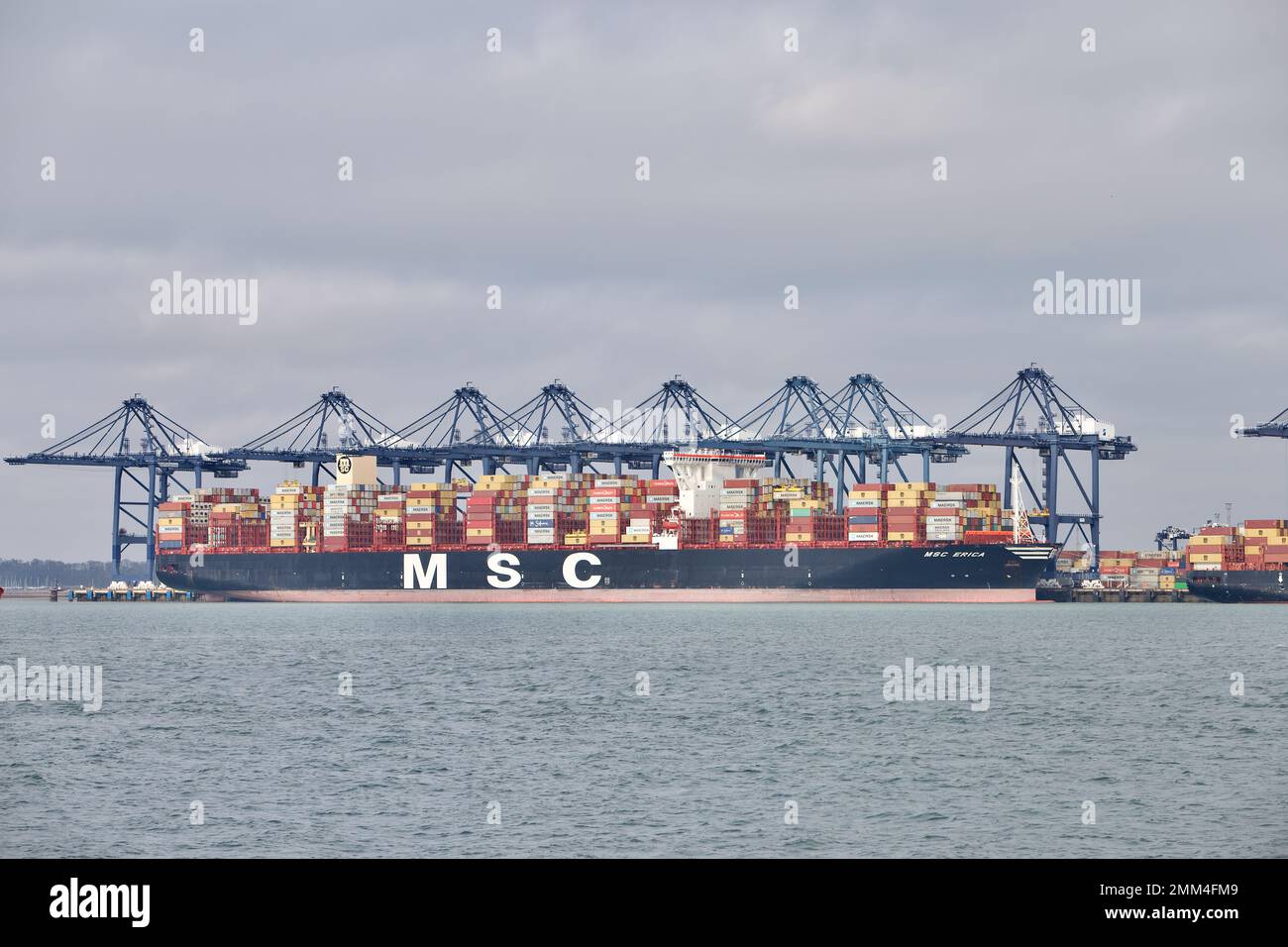 Container ship MSC Erica moored at the Port of Felixstowe, Suffolk, UK ...