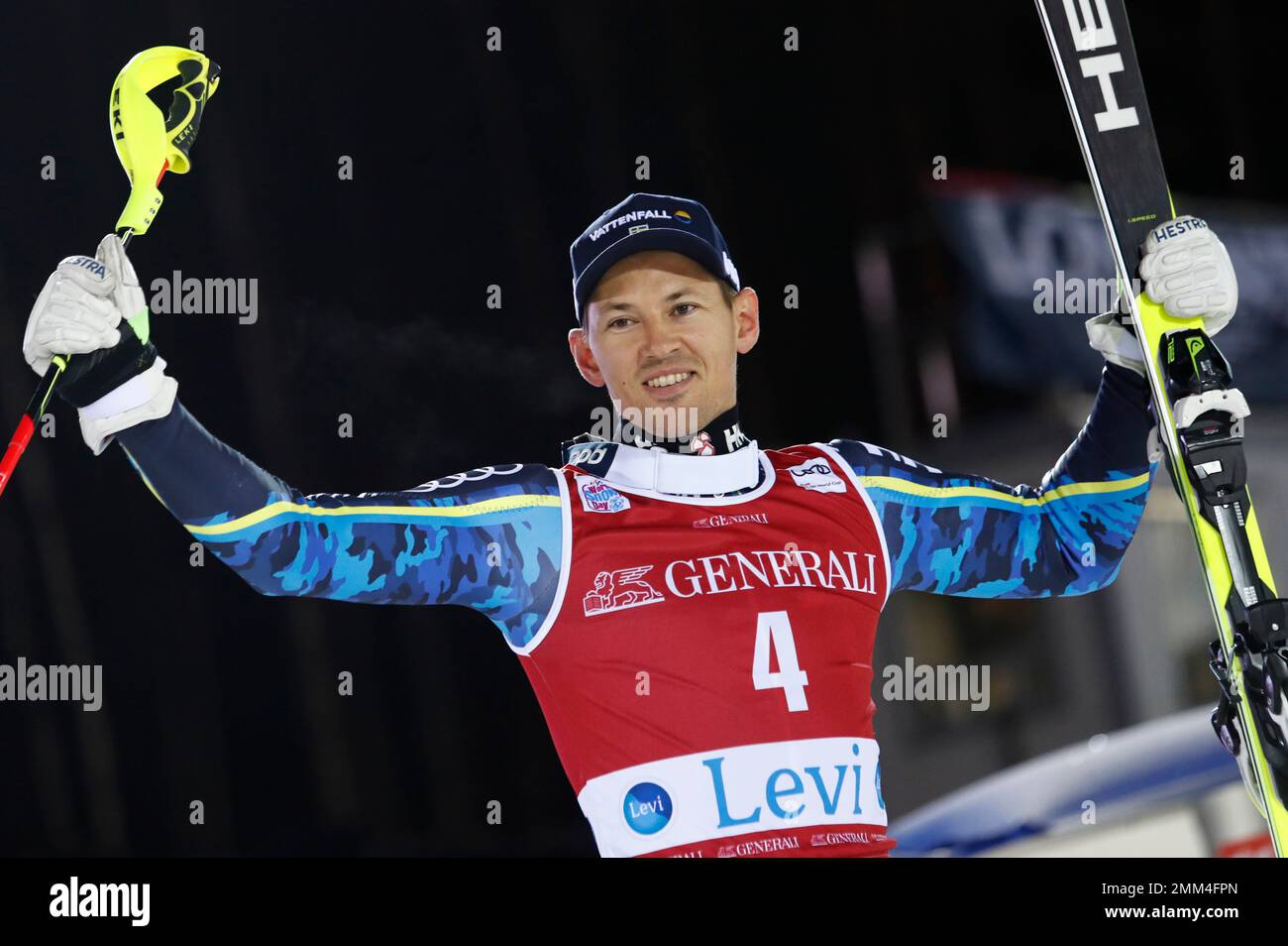 Sweden's Andre Myhrer celebrates after taking third place in an alpine ...