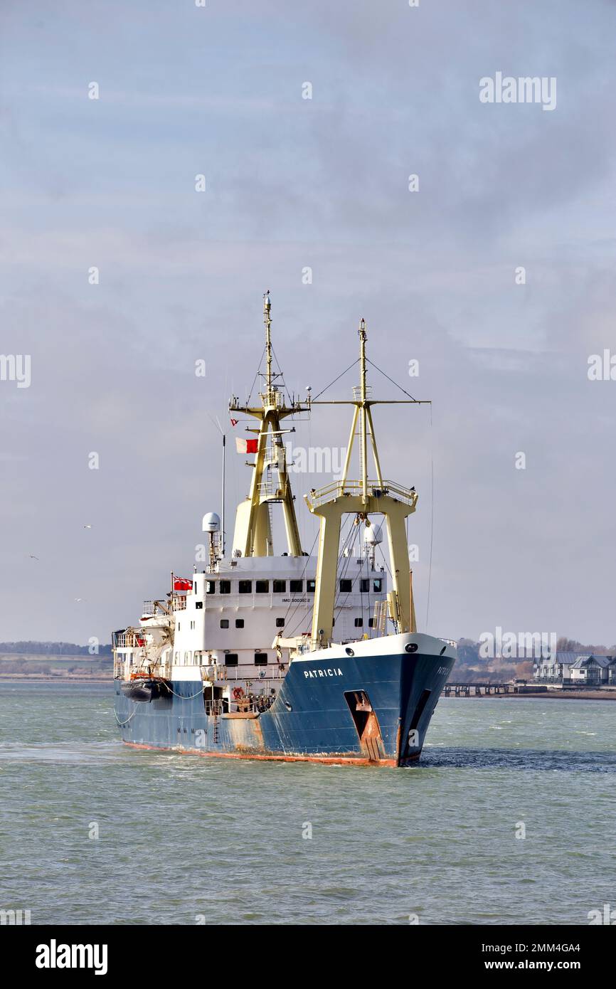 Trinity House buoy-laying vessel THV Patricia leaving Harwich Docks on ...