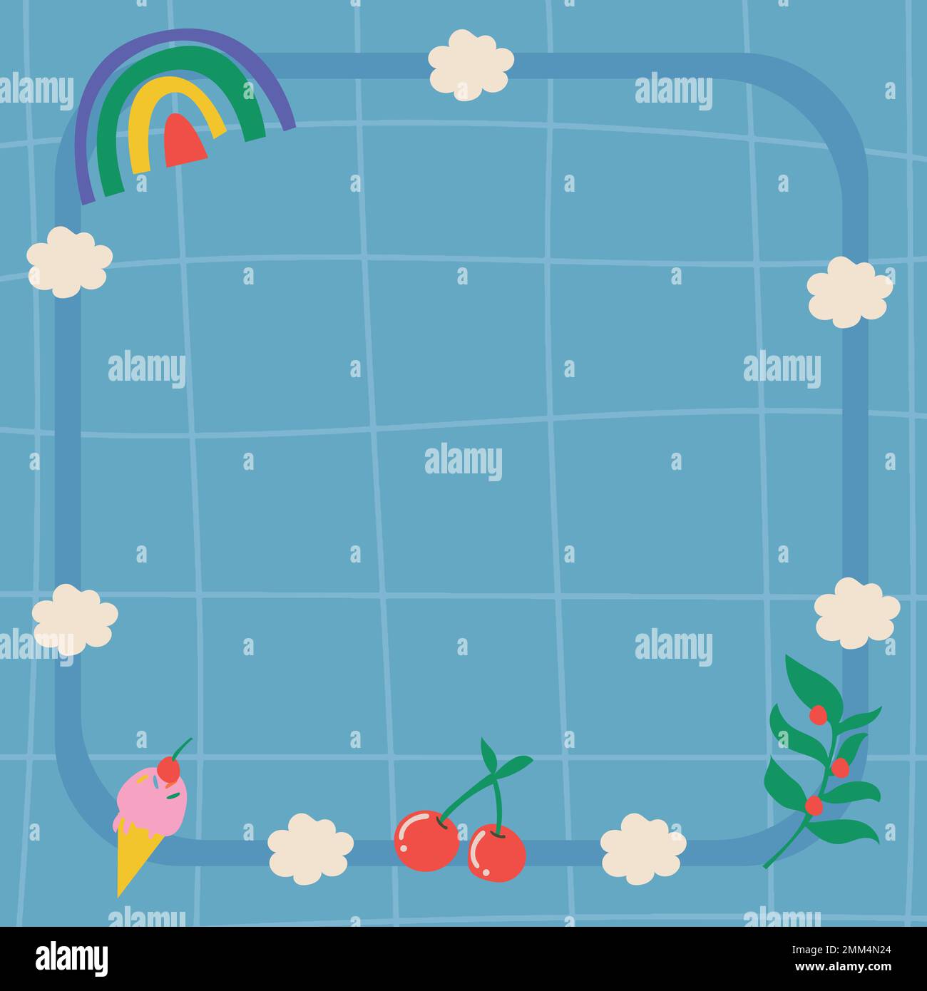 Rainbow frame background, blue aesthetic grid pattern with cute doodle ...