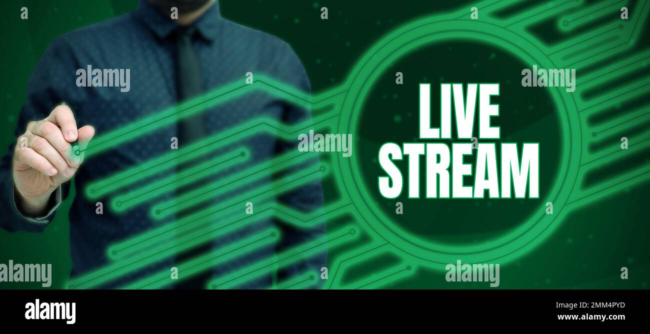 Text caption presenting Live Stream. Word Written on transmit or ...