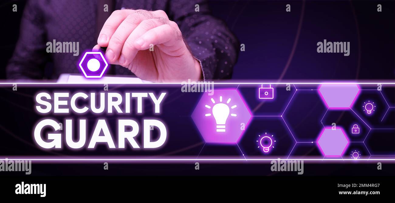Hand writing sign Security Guard. Business approach tools used to ...