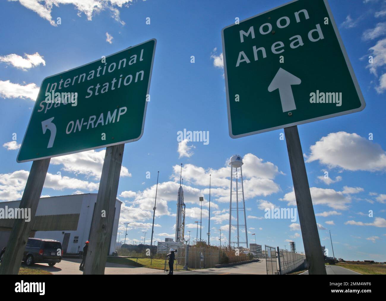 Signs mark the entrance to the pad where the Northrop Grumman Antares ...