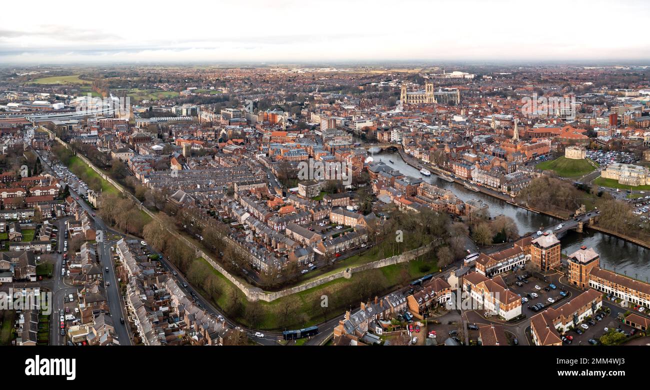 An aerial cityscape view of the city of York the ancient city walls and ...