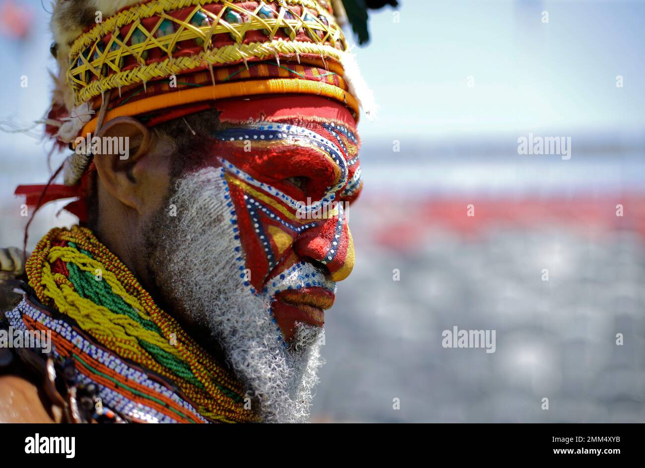 A dancer wearing a traditional costume looks at the crowd during a ...