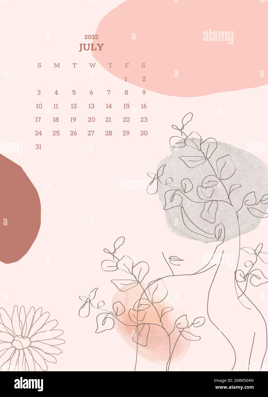 Botanical & woman July monthly calendar editable background vector ...
