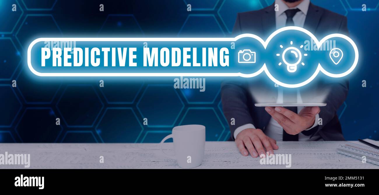 Hand writing sign Predictive Modeling. Word for maintenance strategy driven by predictive ...