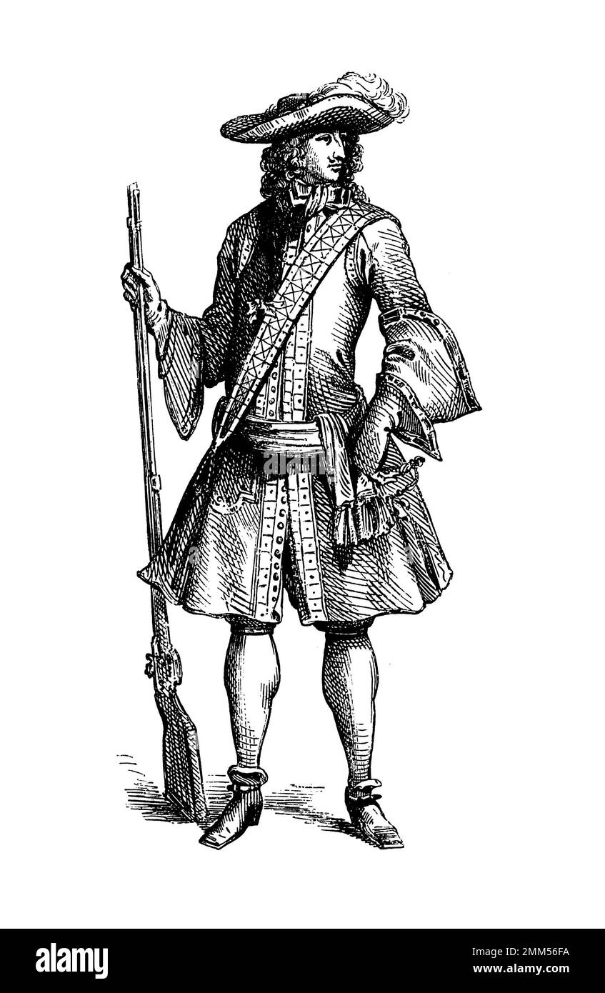 Antique illustration of the French costume of a bodyguard, 1687 Stock ...