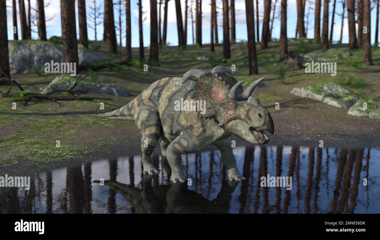 3d-illustration of an extincted dinosaur albertaceratops at a pond ...