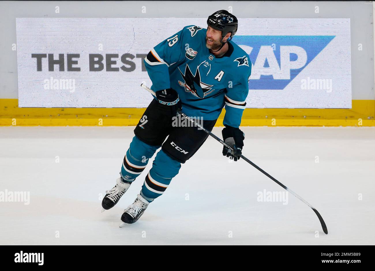 San Jose Sharks' Joe Thornton (19) reacts on the ice after scoring his ...