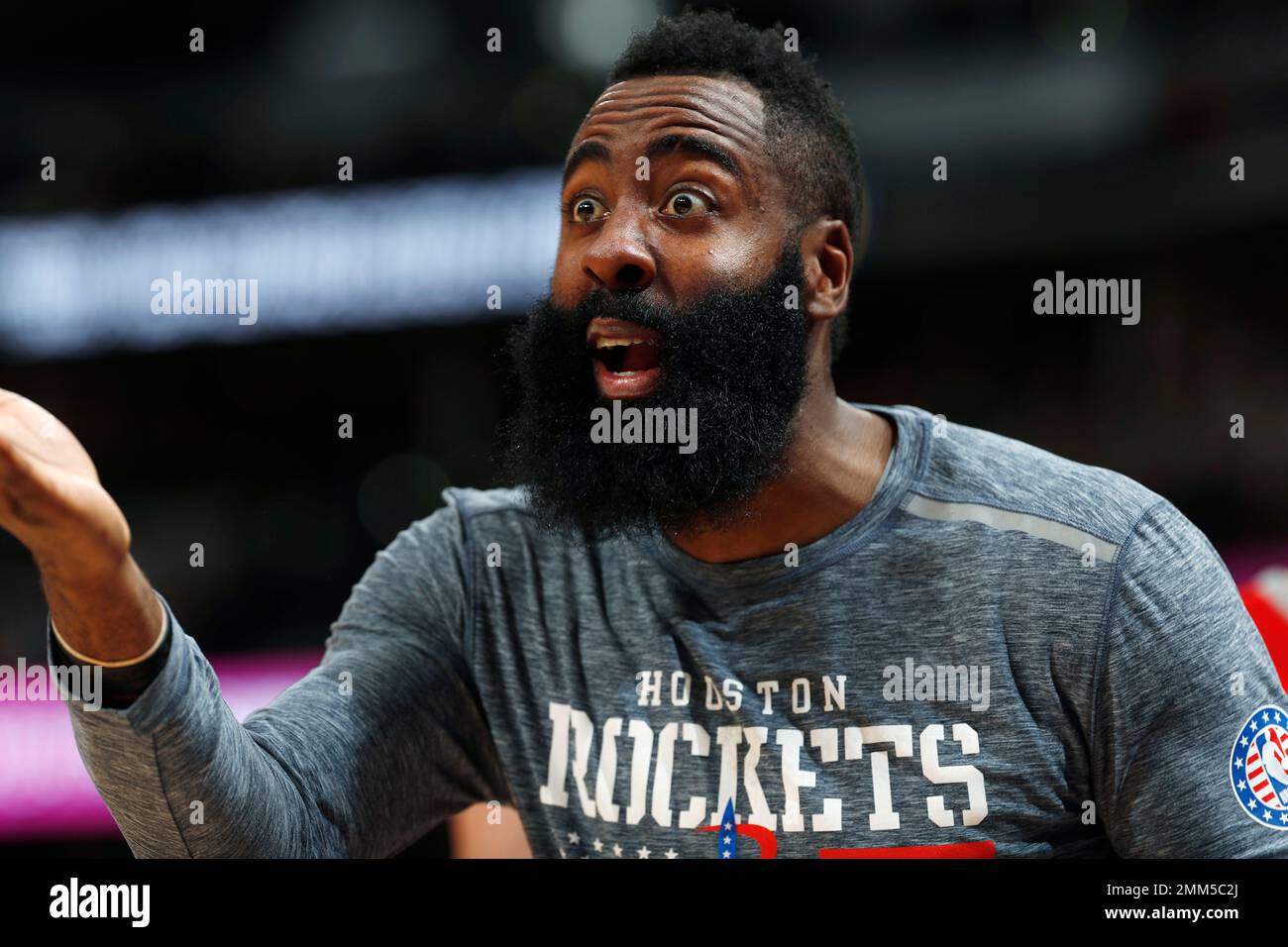 Houston Rockets guard James Harden argues with referees to call a foul ...