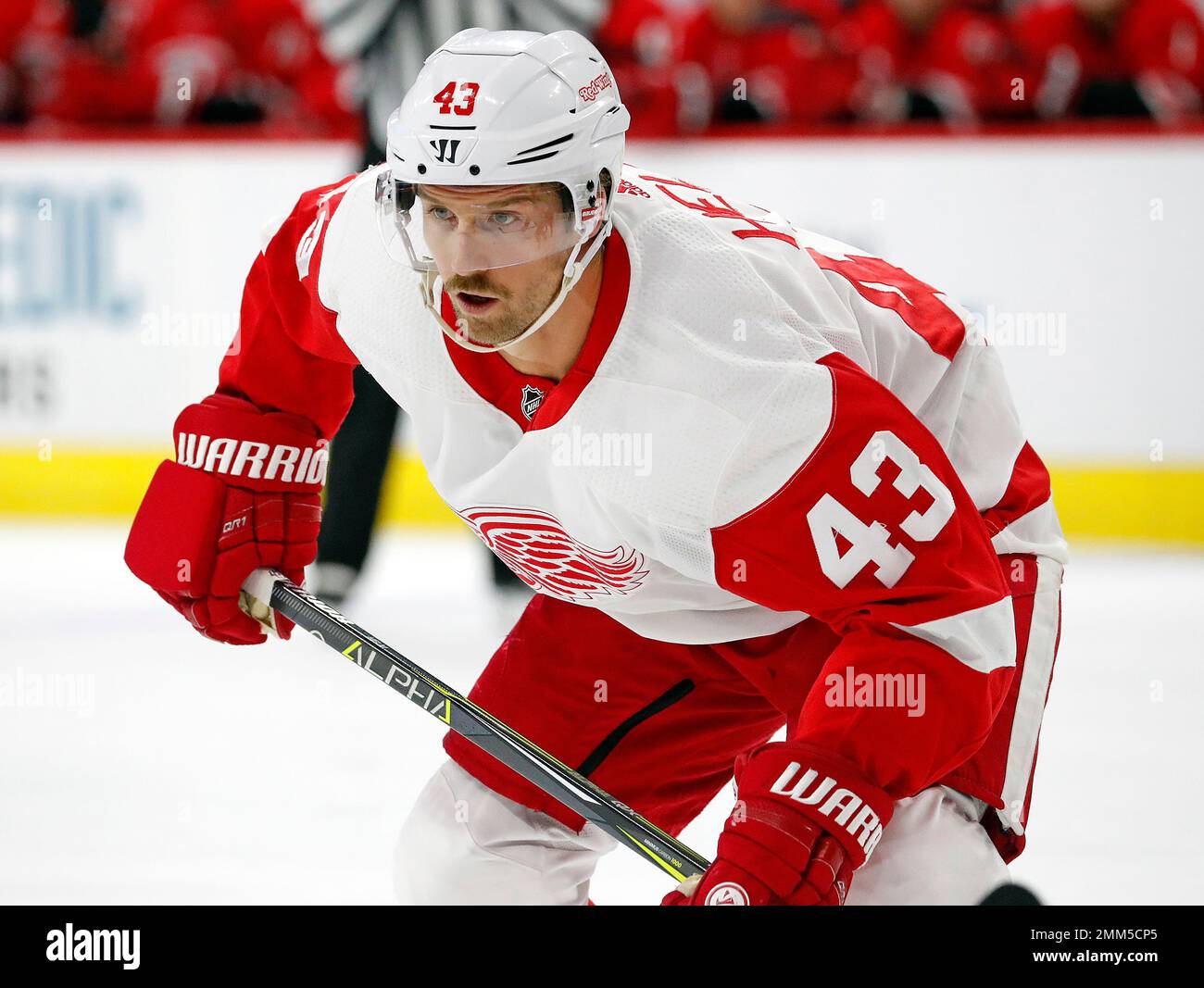 Detroit Red Wings' Darren Helm (43) waits for a face-off against the ...