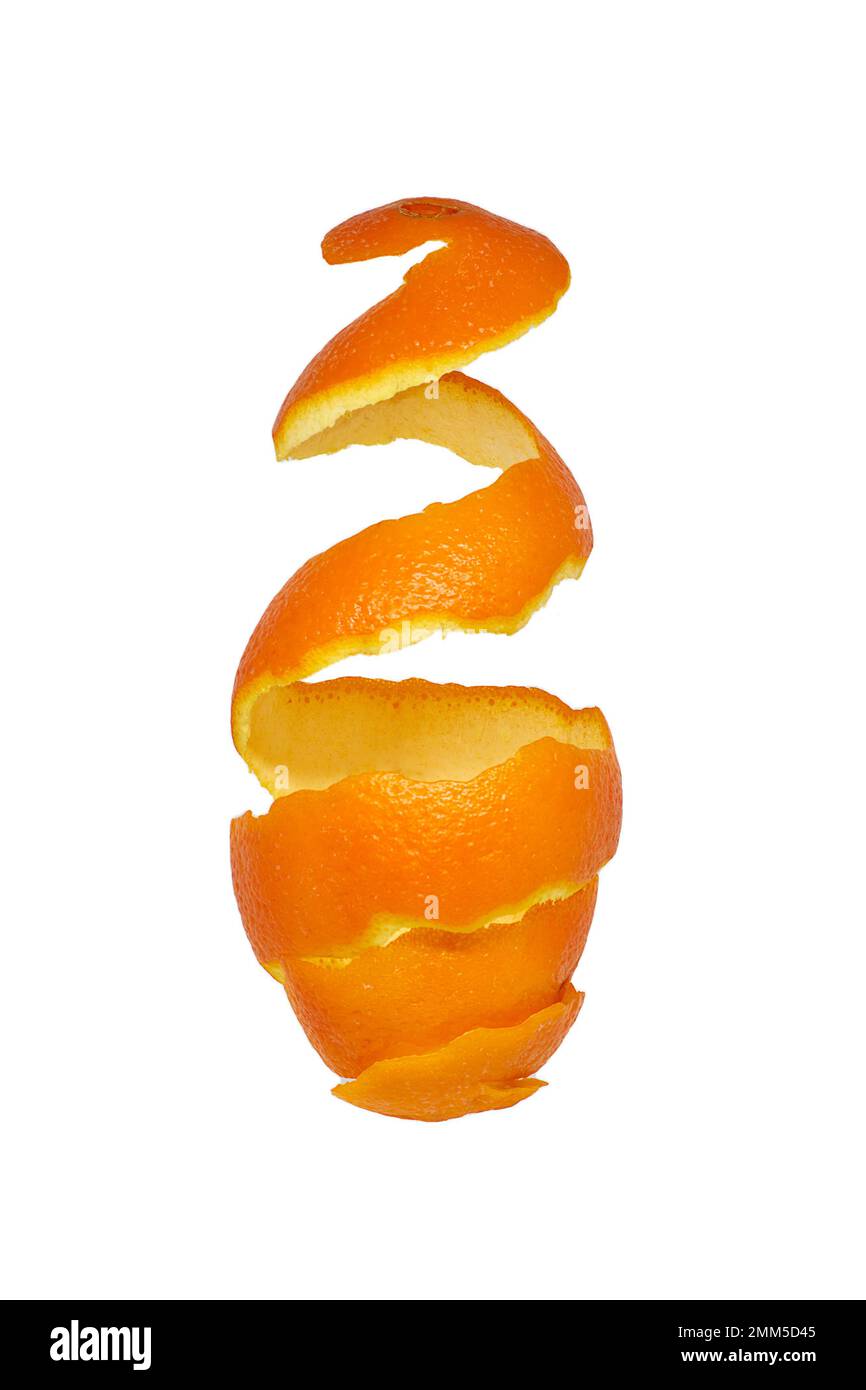 Image of an orange peel cut in a spiral on a white background Stock ...
