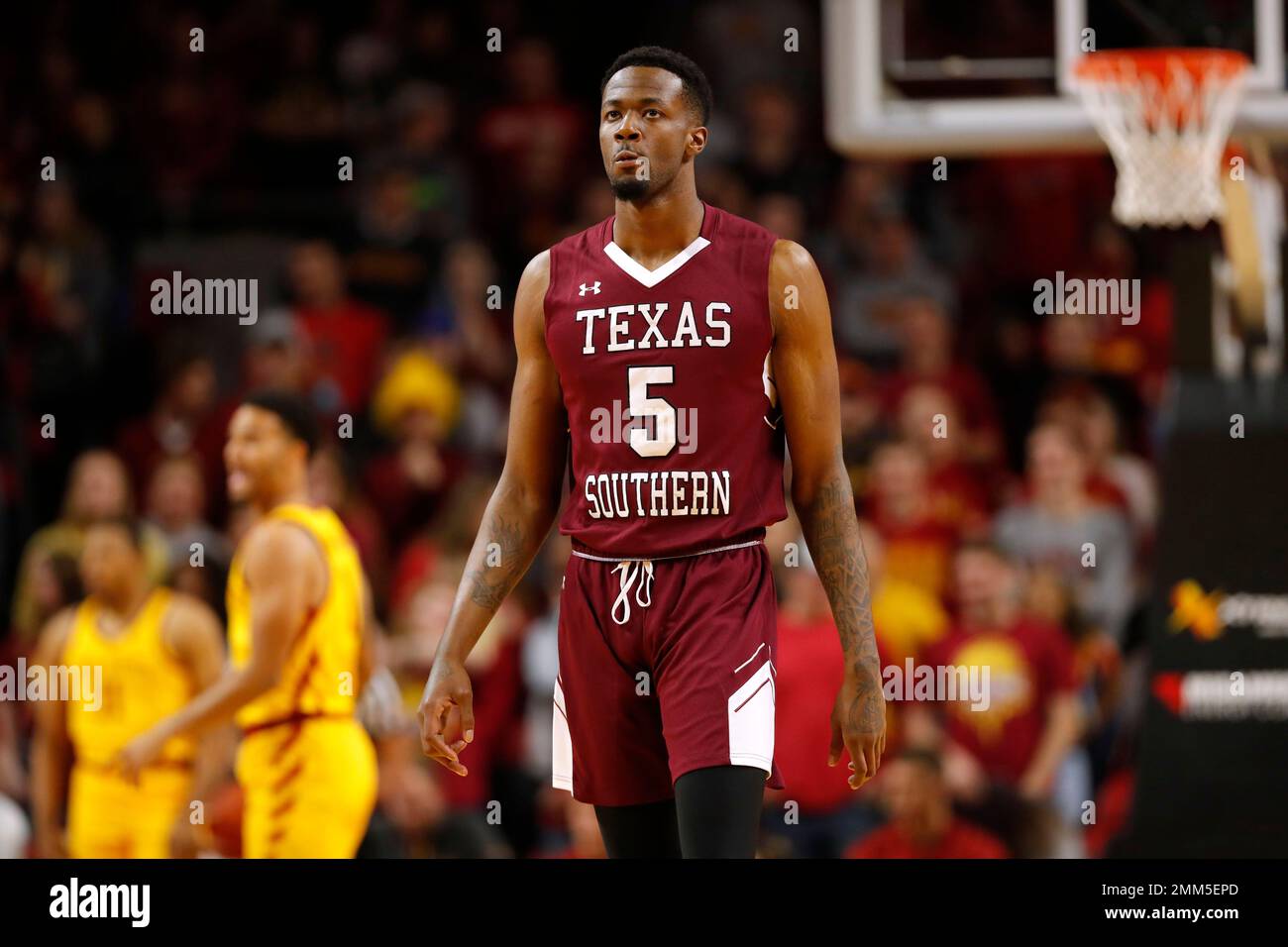 Texas Southern center Trayvon Reed walks up court during the first half ...