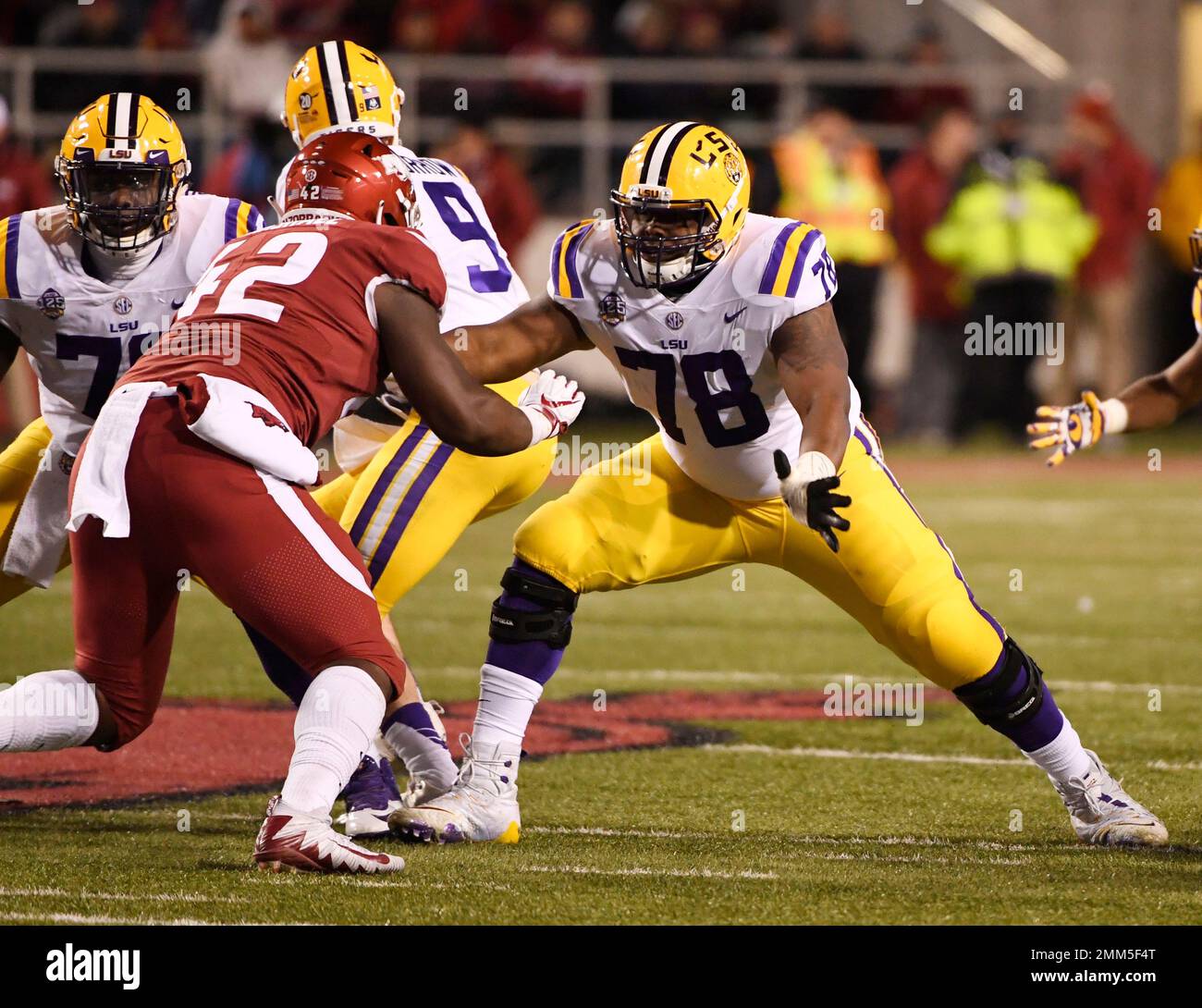 LSU lineman Garrett Brumfield sets up to block against Arkansas during ...