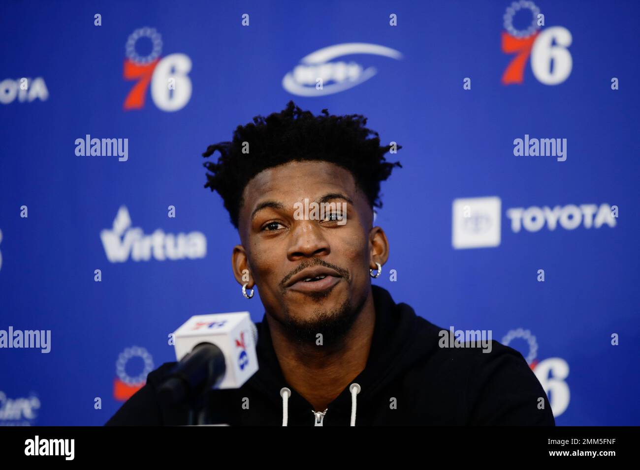 Philadelphia 76ers' Jimmy Butler speaks with members of the media ...