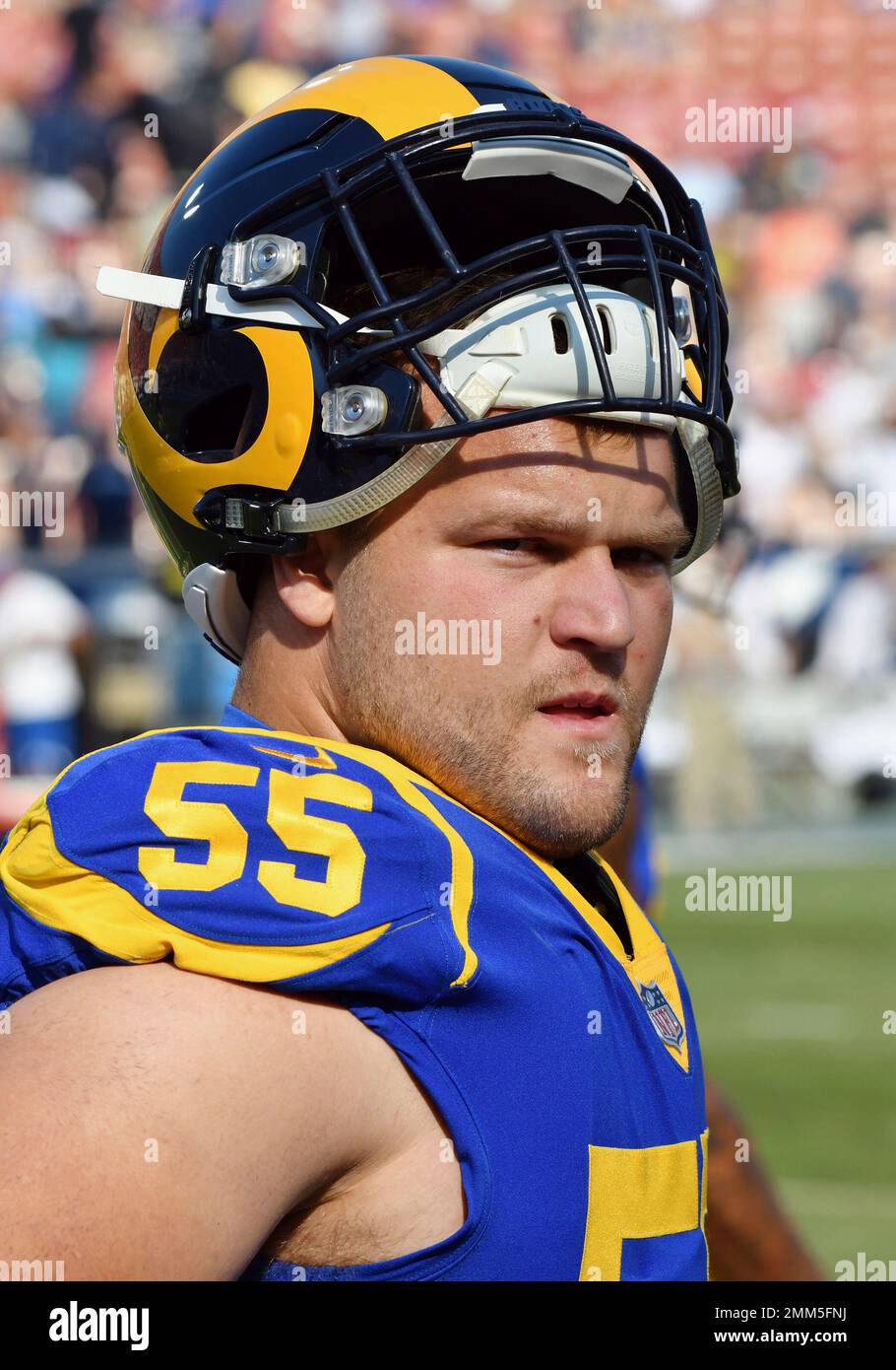 Los Angeles Rams center Brian Allen (55) on the field during warm-ups ...