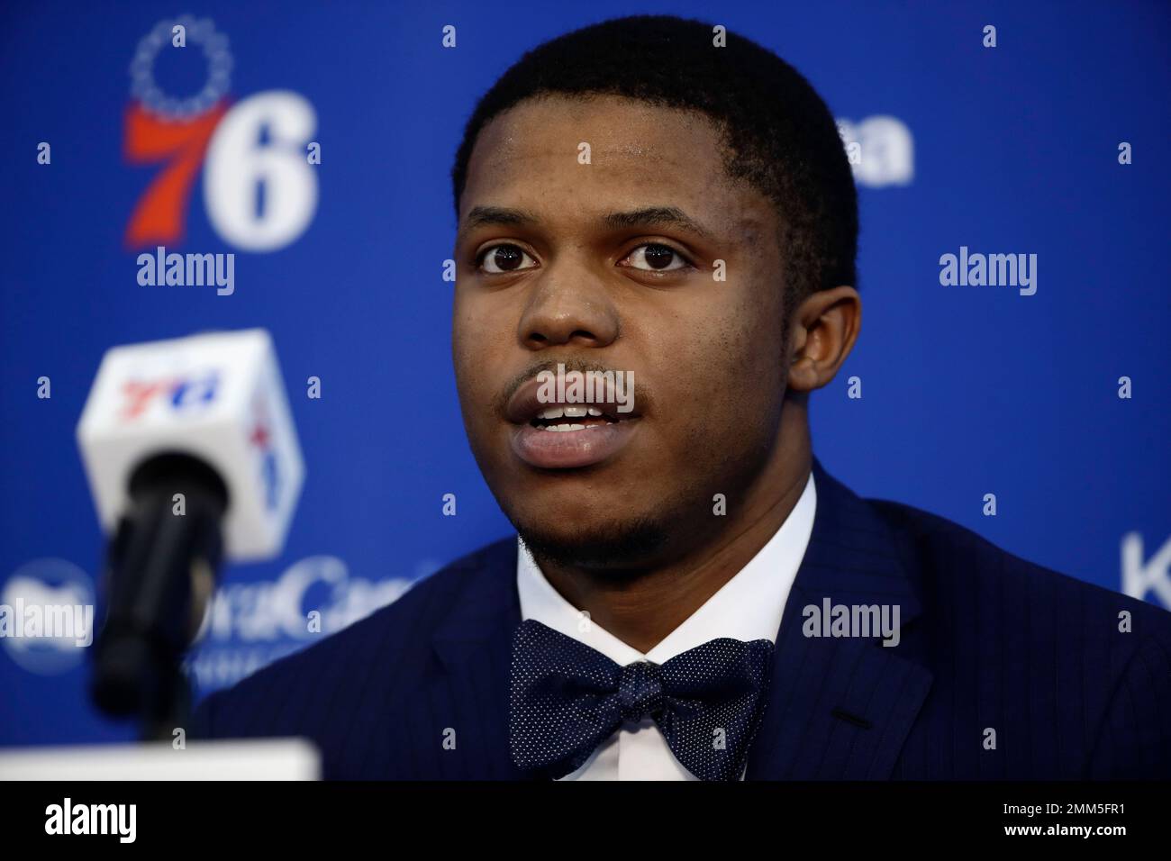 Philadelphia 76ers' Justin Patton speaks with members of the media ...