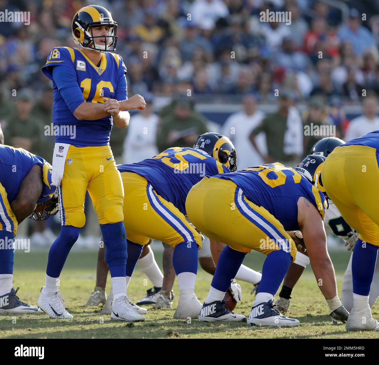 Los Angeles Rams quarterback Jared Goff (16) gestures during the second ...