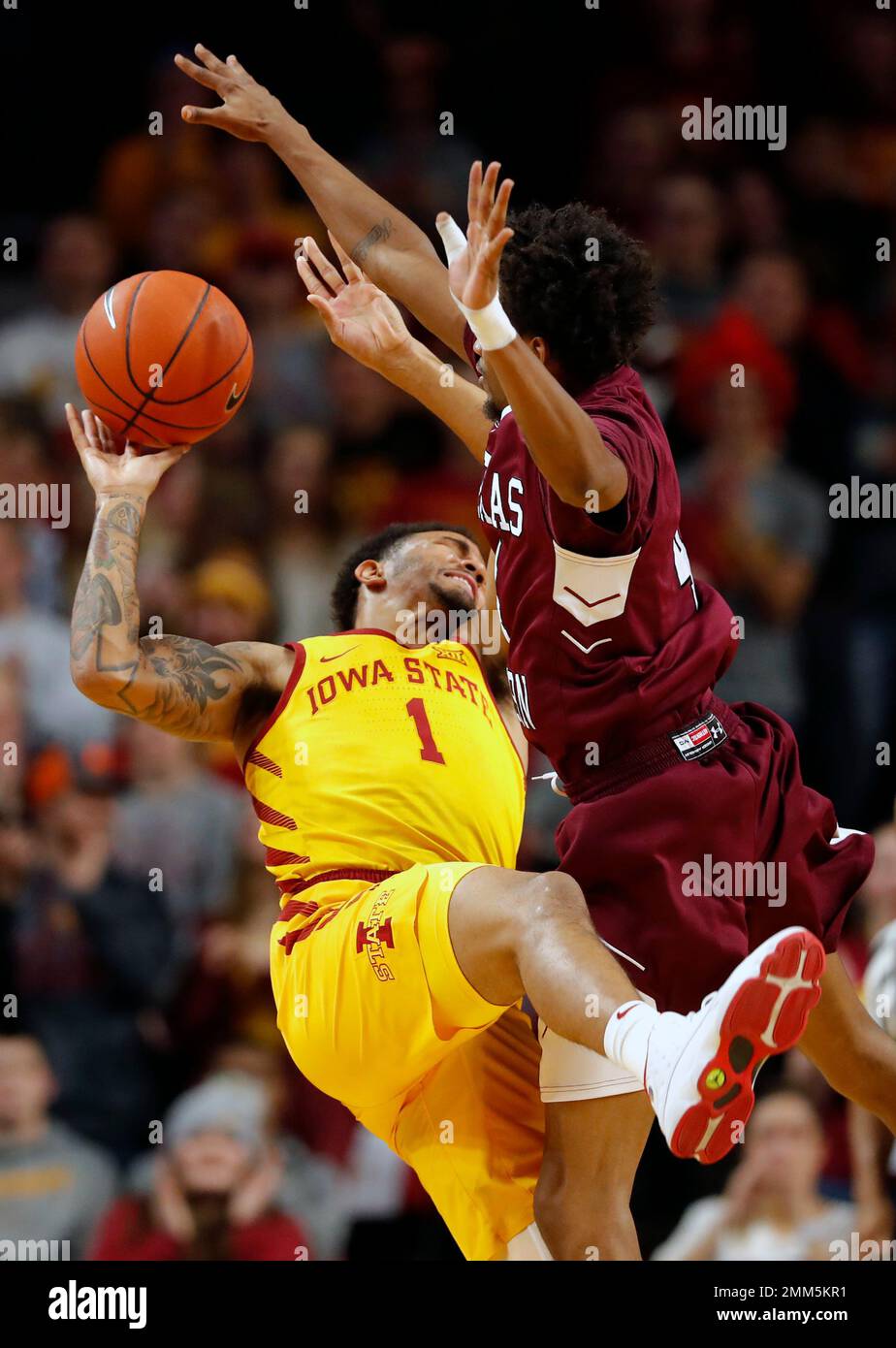 Iowa State guard Nick Weiler-Babb (1) is fouled by Texas Southern guard ...