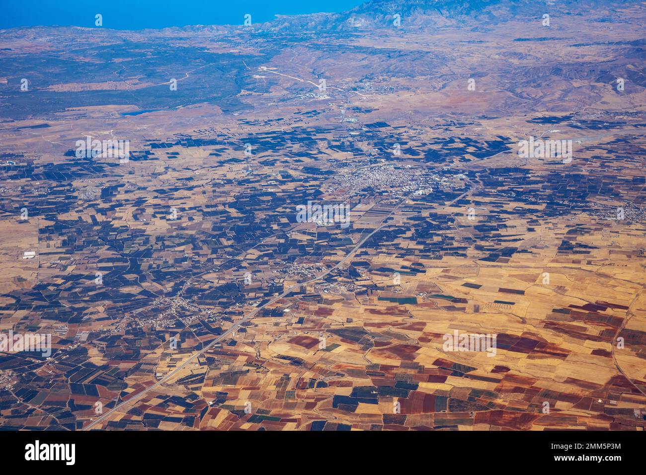 View from plane window Morphou town, Turkish Guzelyurt under the de ...