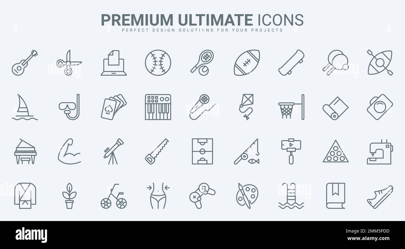 Hobby thin line icons set vector illustration. Outline outdoor and indoor leisure fun activity ...