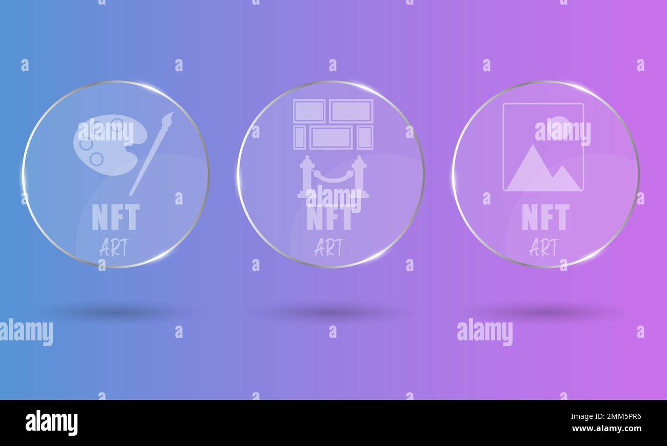 3D NFT token round transparent cards in cryptography. NFT cards with ...
