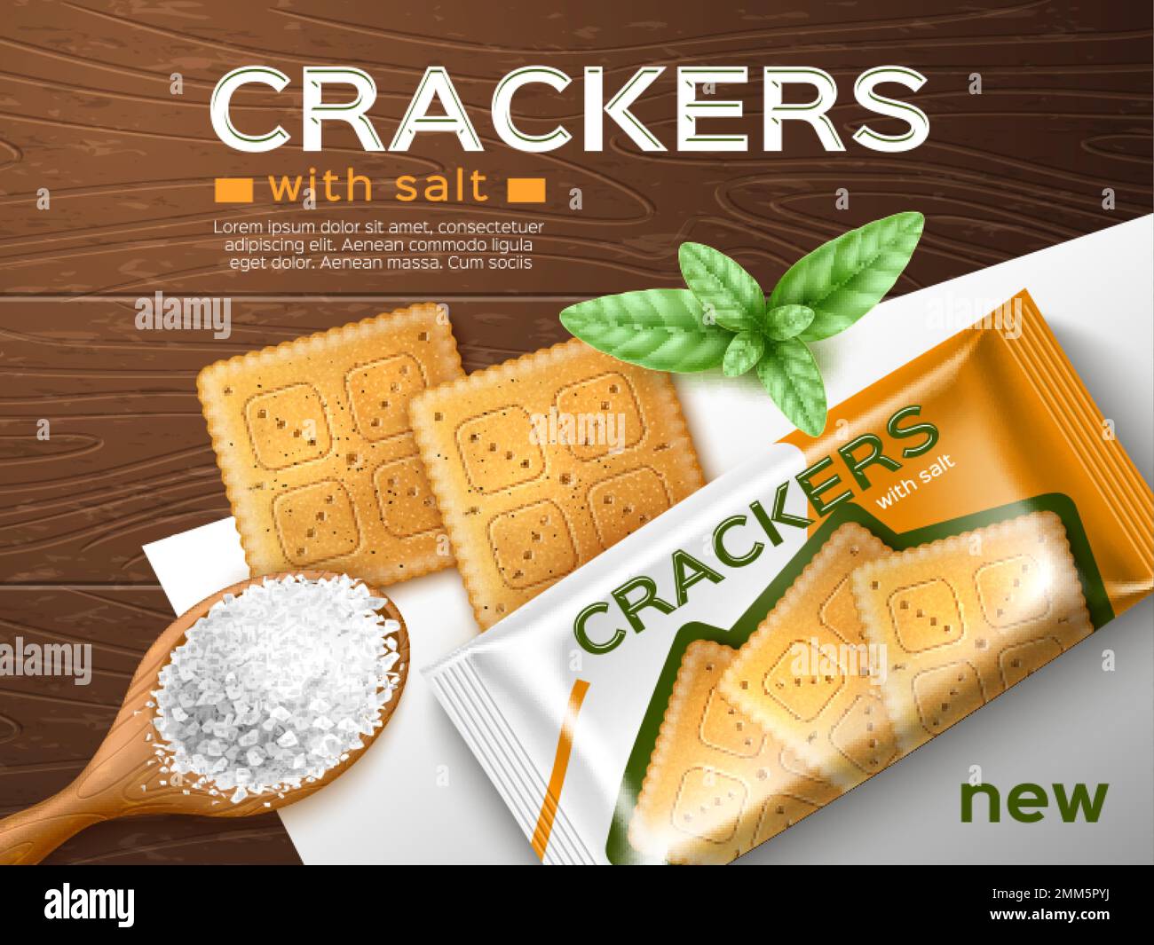Salty crackers poster. Realistic baking product with basil and salt ...