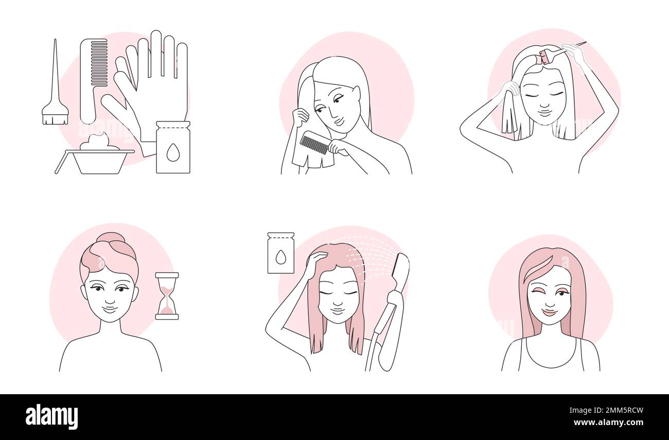 Hair coloring instruction thin line icons set vector illustration. Outline girl using gloves ...