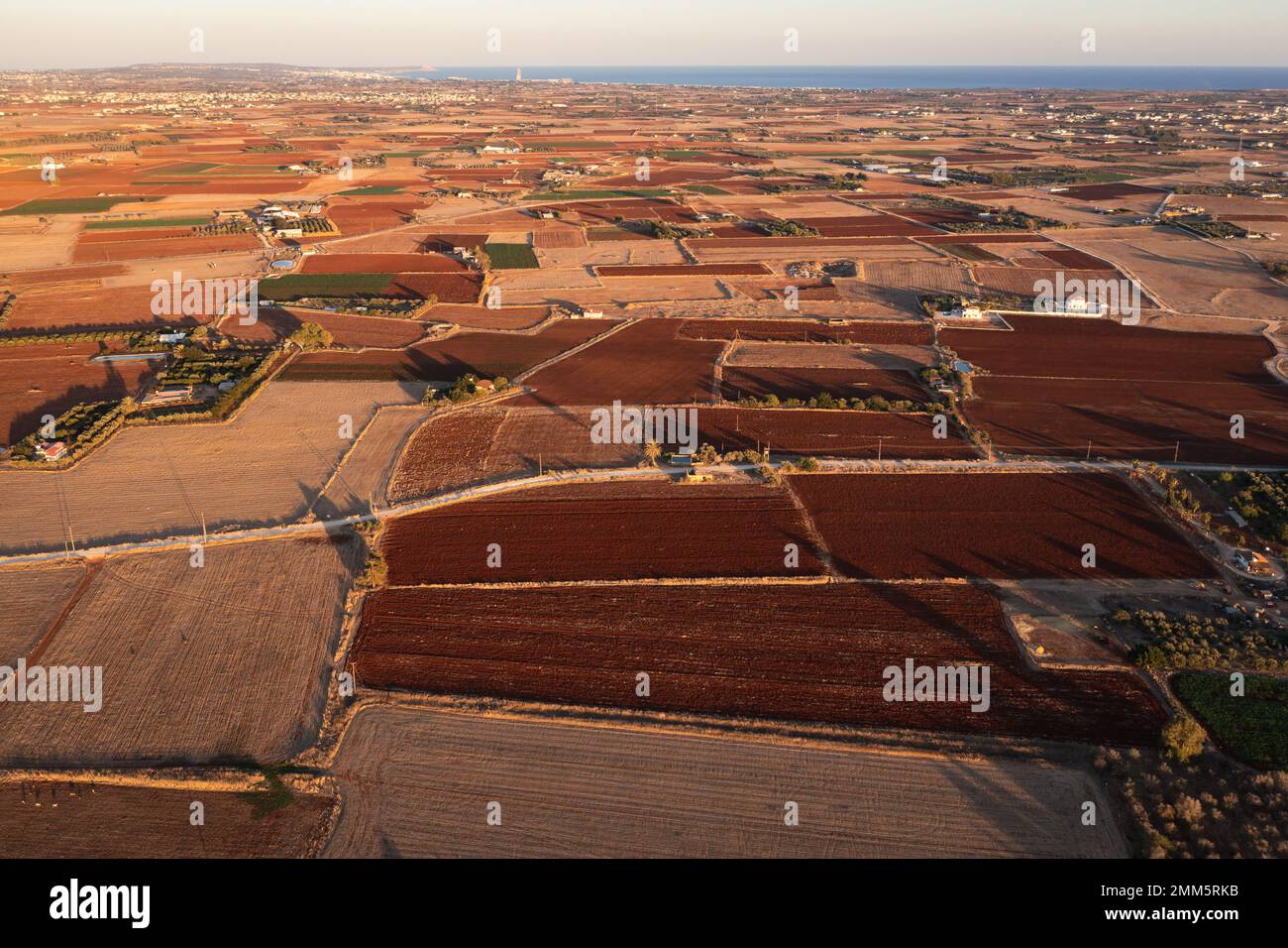 Drone photo of fields with red soil around Avgorou village in Famagusta ...