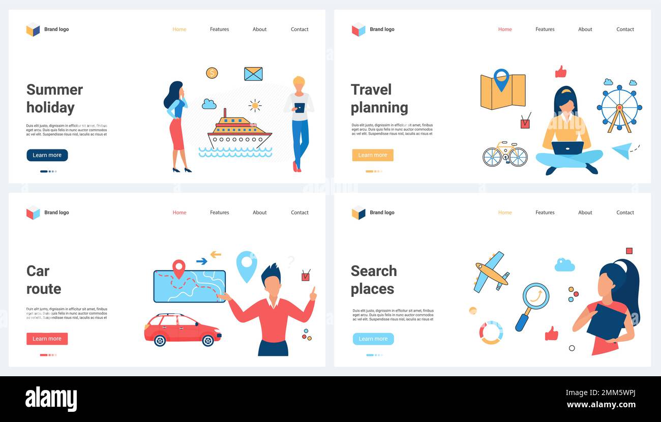 Planning summer holidays and vacation, travel route by car set vector ...