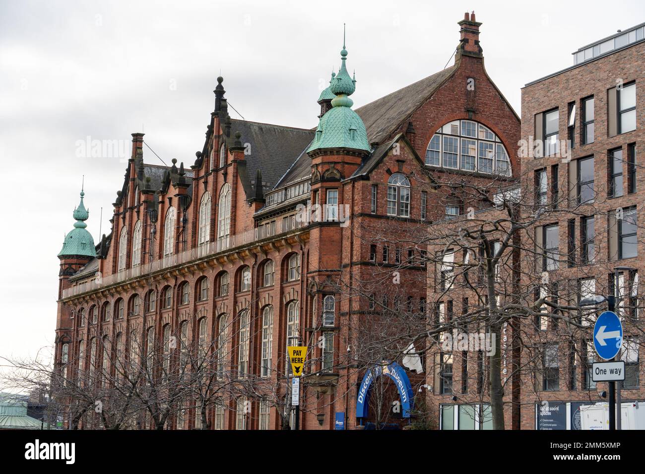 Entrance view of the Discovery Museum, focused on science, technology ...