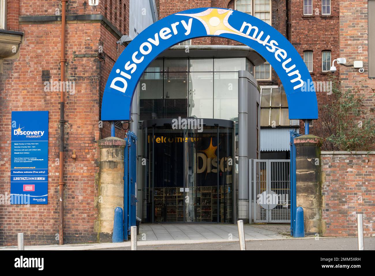 Entrance view of the Discovery Museum, focused on science, technology ...