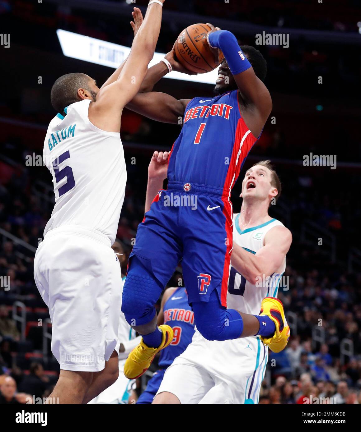 Detroit Pistons guard Reggie Jackson (1) shoots as Charlotte Hornets ...