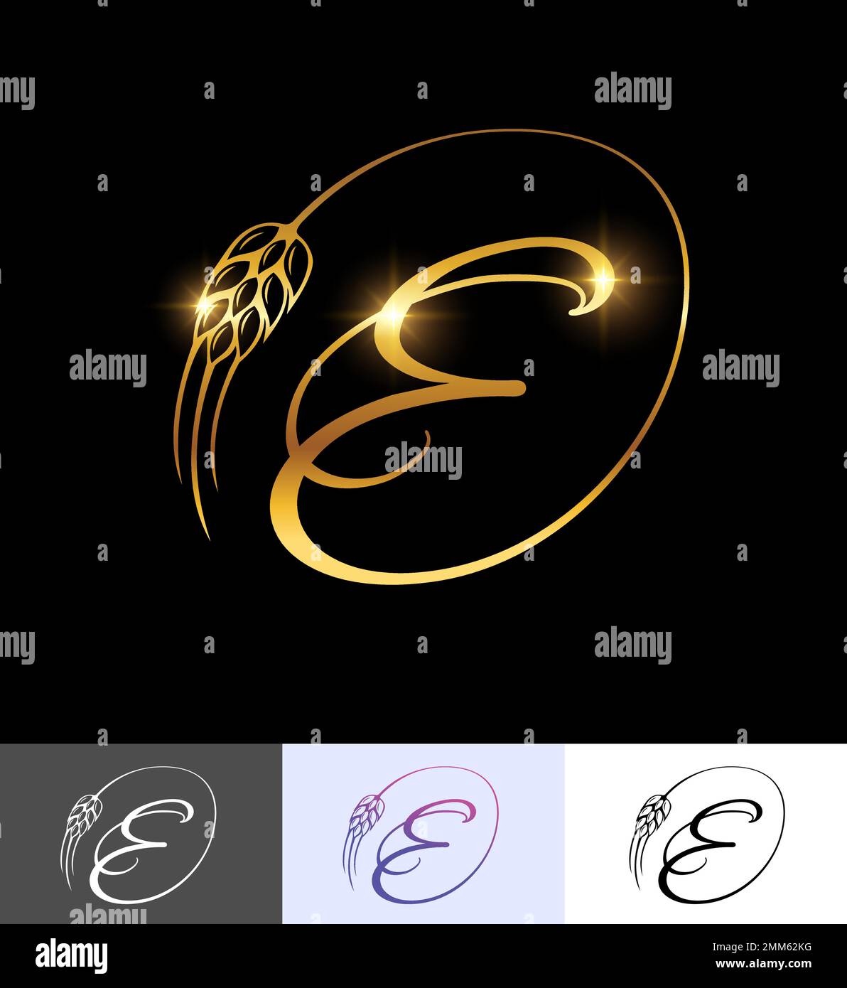 A vector illustration set of Golden Wheat Monogram Initial Letter E in ...