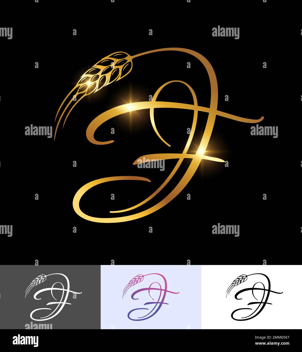 A vector illustration set of Golden Wheat Monogram Initial Letter F in ...
