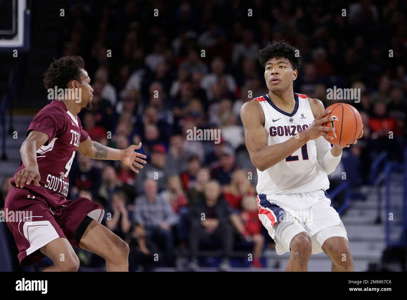 Texas Southern guard Derrick Bruce (4) defends Gonzaga forward Rui ...