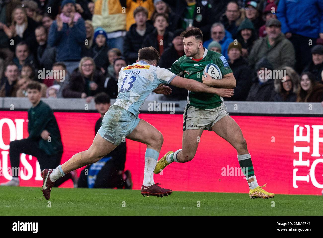 London, UK. 29 January 2023. Micael Dykes of London Irish ( in green ...