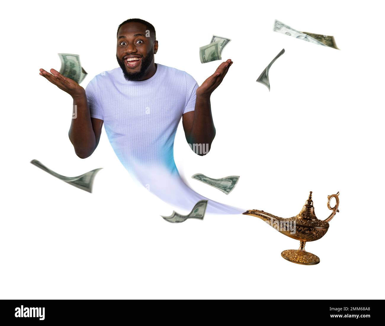 Genie exits from the aladdin lamp with flying banknotes Stock Photo - Alamy