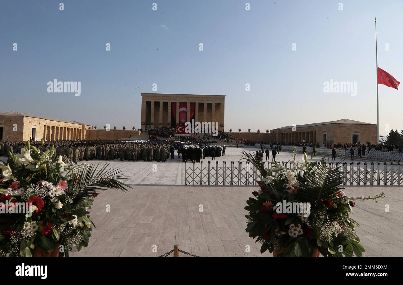 Turkish army officers and soldiers attend a ceremony at the mausoleum of the nation's founding ...