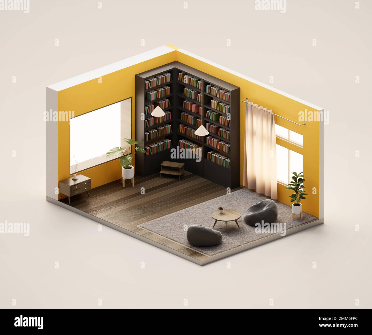 Isometric view library living room open inside interior architecture ...