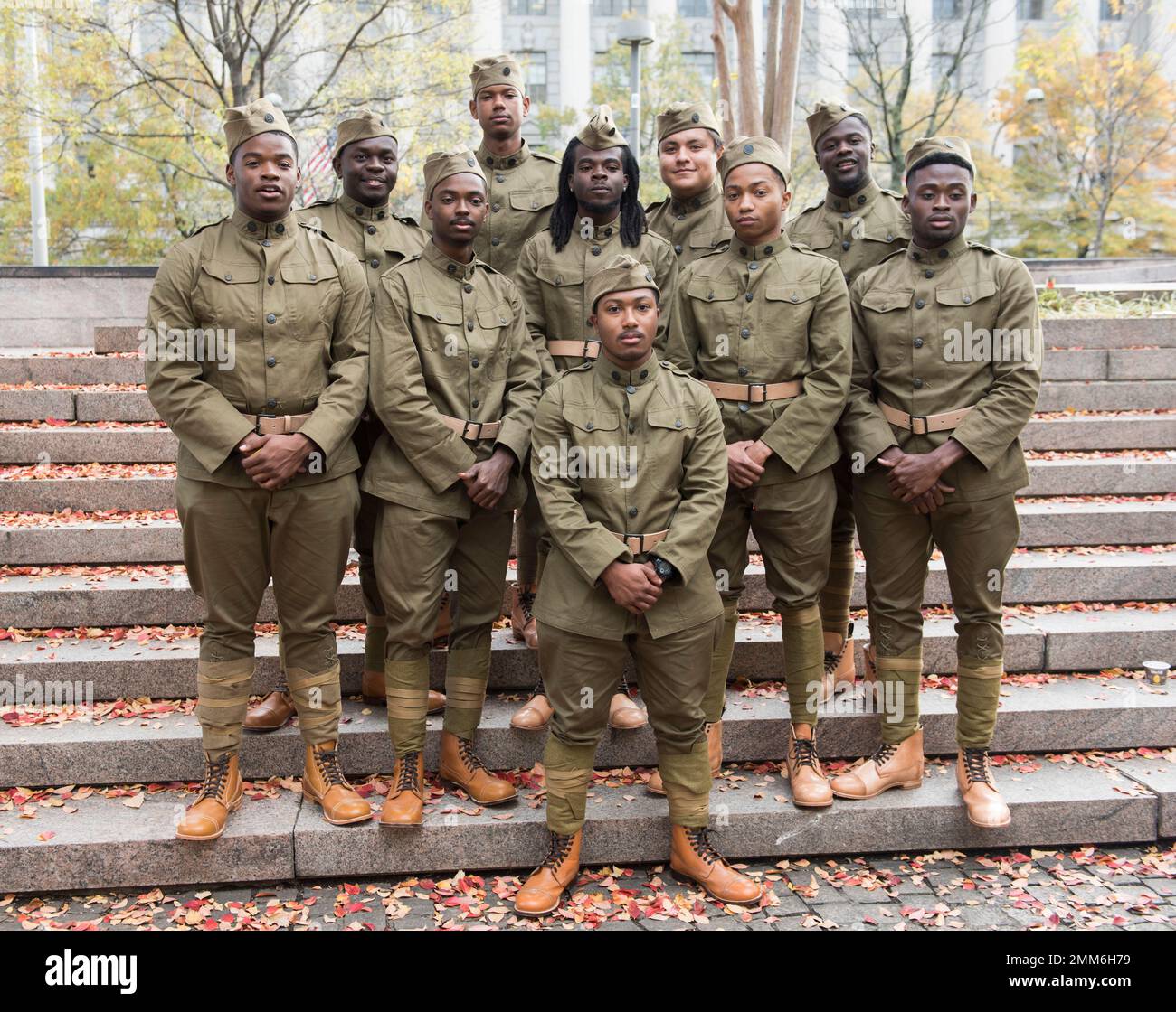 Members of The 369th Experience band pose for a photo in Pershing Park ...