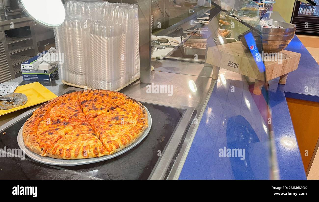Cafeteria Salad bar fruits healthy pizza and meat Stock Photo - Alamy