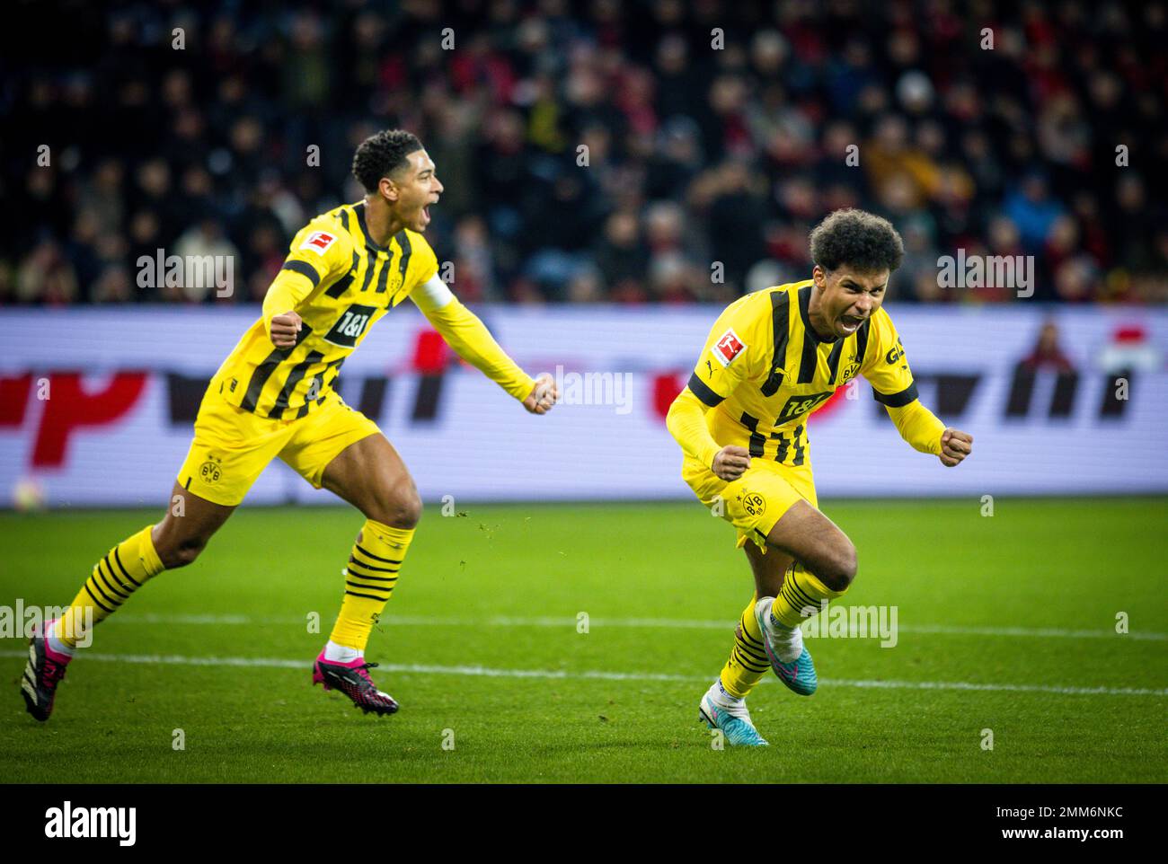 Leverkusen, Germany. 29th Jan, 2023. Goal celebration: Karim Adeyemi ...