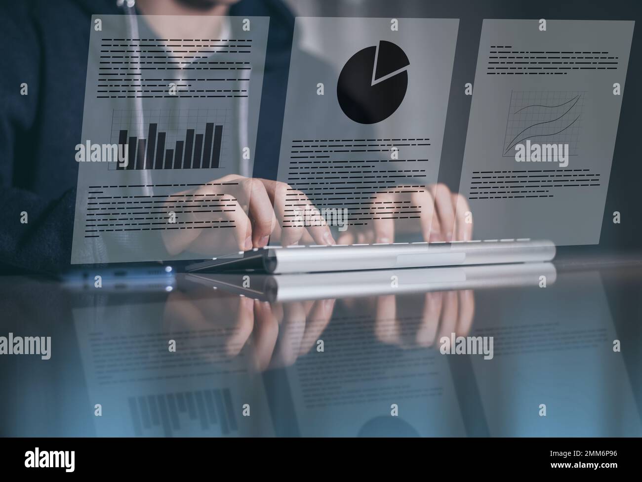 Student working on virtual screen with digital documents. Teenager ...