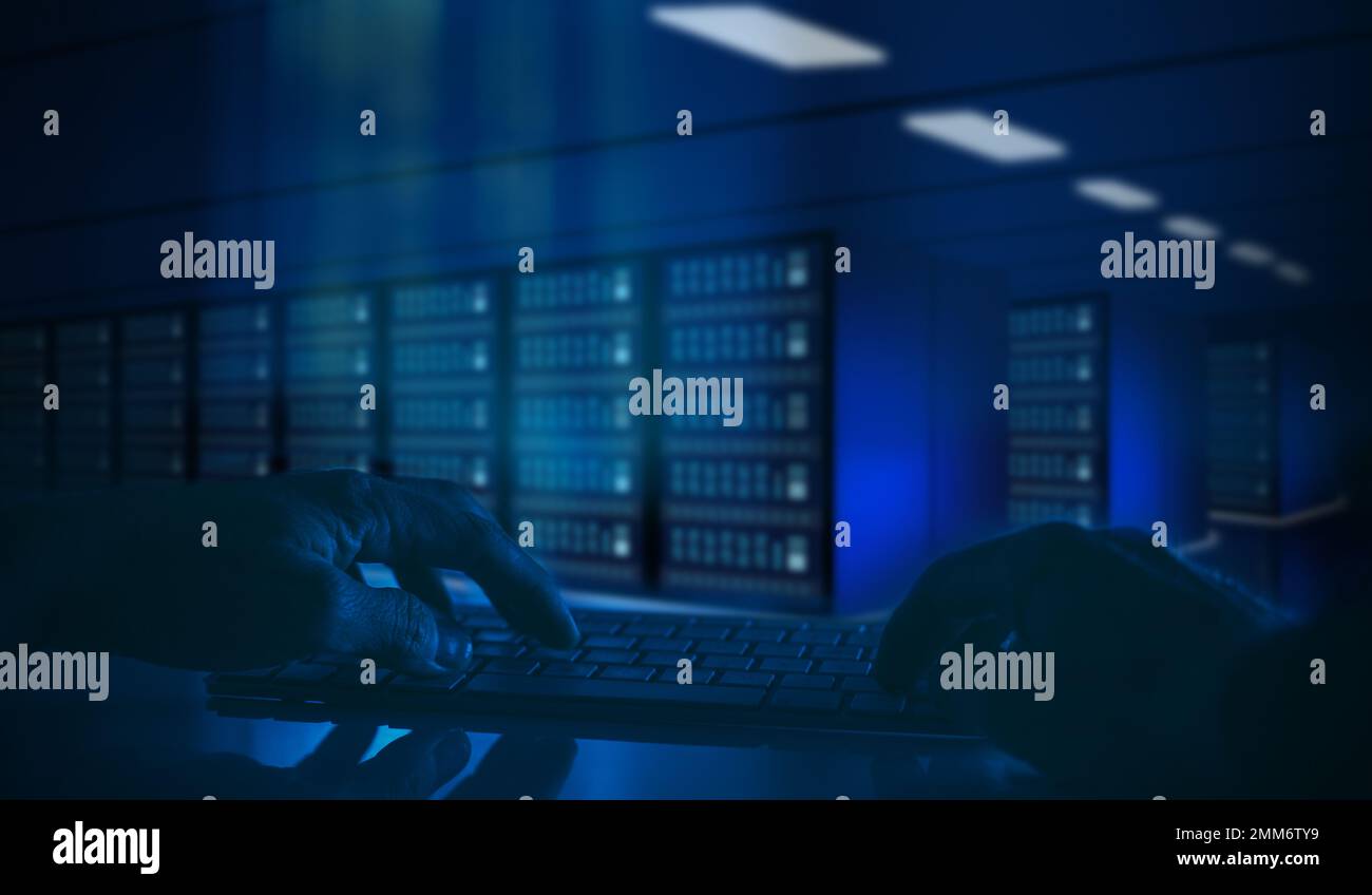 Hands typing on keyboard. Programming online database. Data processing center concept Stock ...